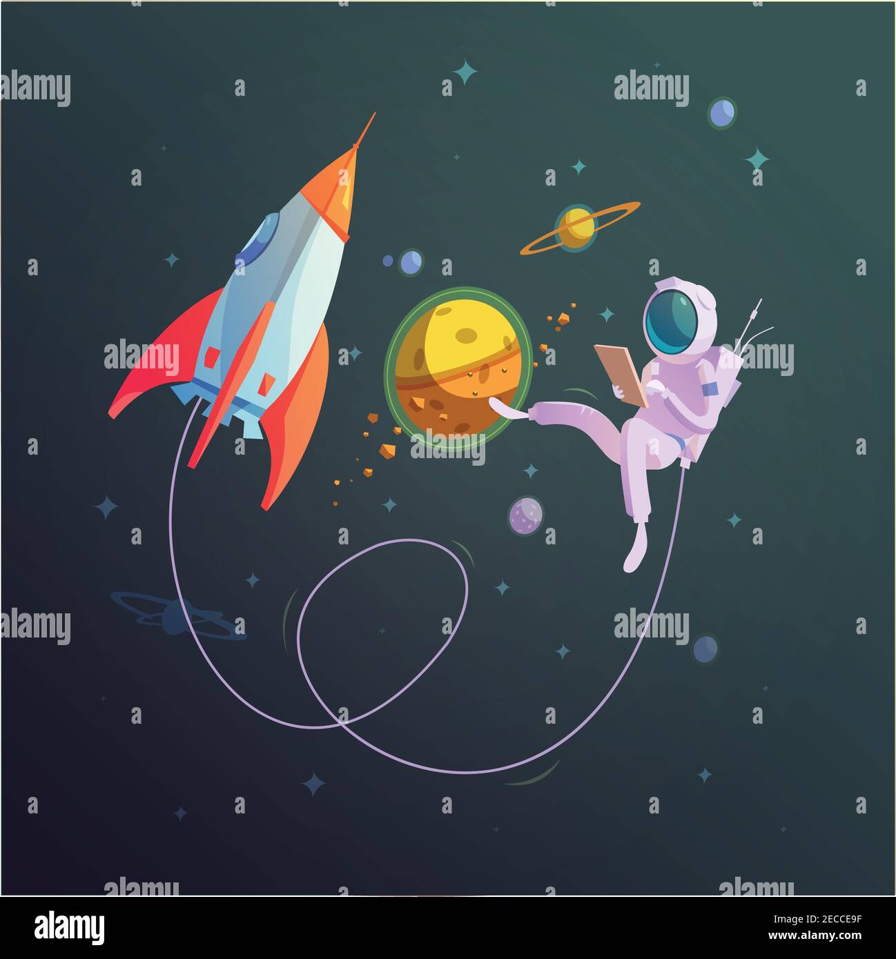 Open space background with rocket and cosmonaut in a spacesuit cartoon ...