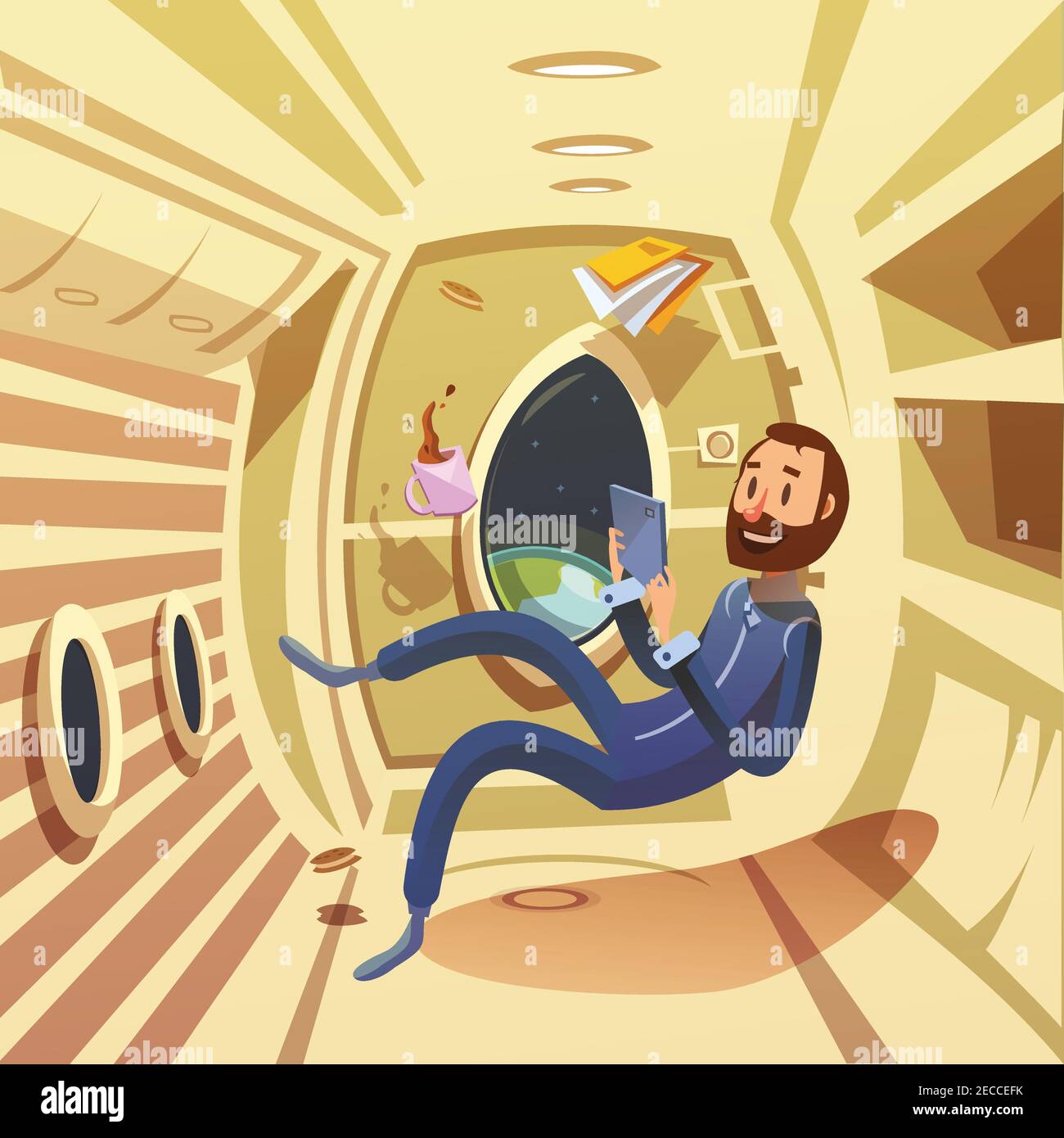 Spaceship interior with weightlessness and work in space symbols ...