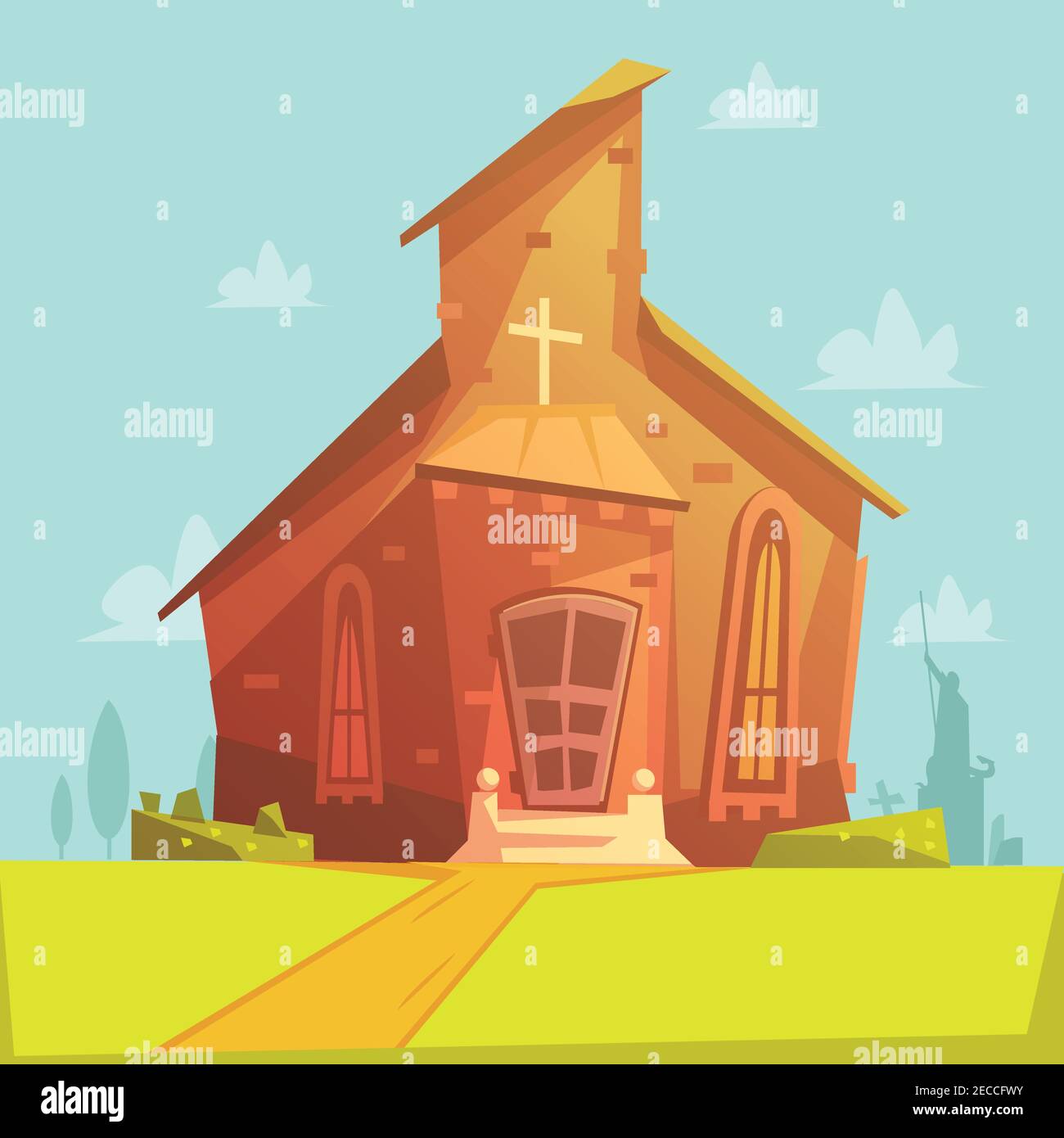 Church old building cartoon background with lawn and trees vector ...