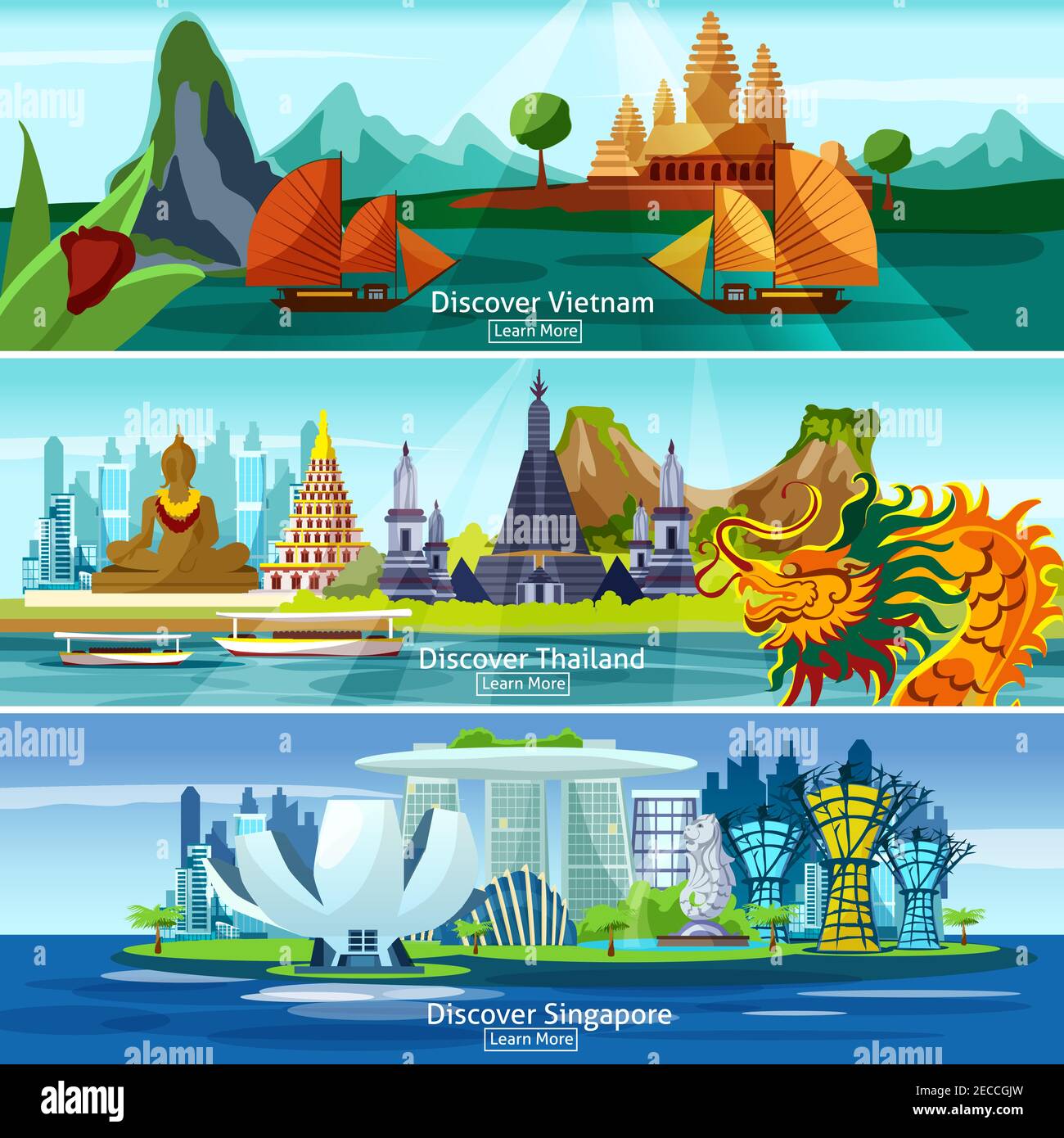Asian travel banners set with Vietnam, Thailand and Singapore panorama ...