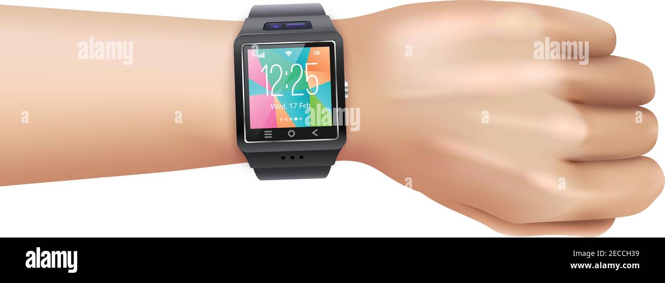 Smart watch gadget with colorful digital display face on left hand ...