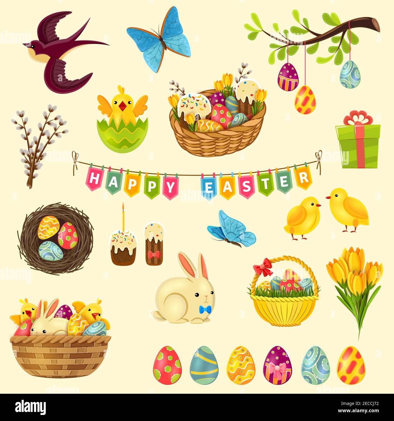 Easter cartoon symbols set with eggs chicken and cake isolated vector ...