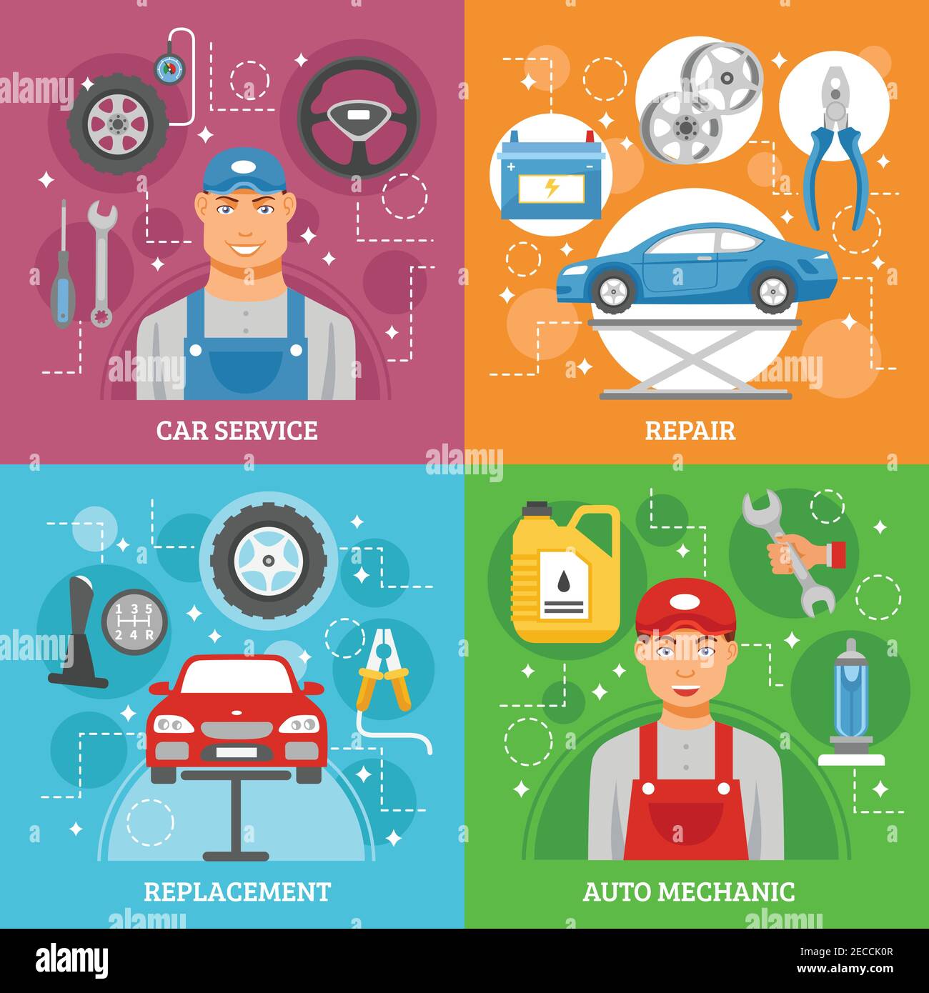 Auto repair car maintenance service concept 4 flat icons square ...