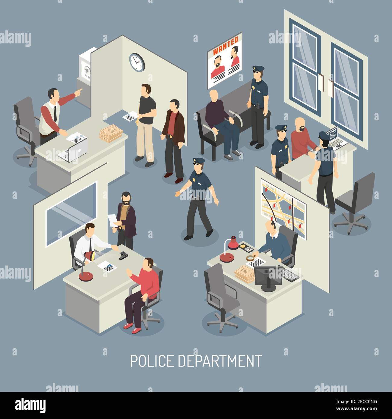 Police department isometric composition with policemen visitors ...