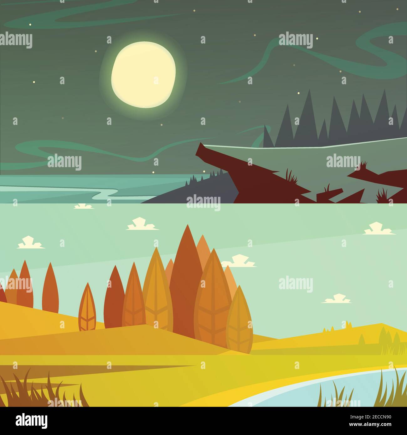 Camping and nature at daytime and night horizontal cartoon banners set ...
