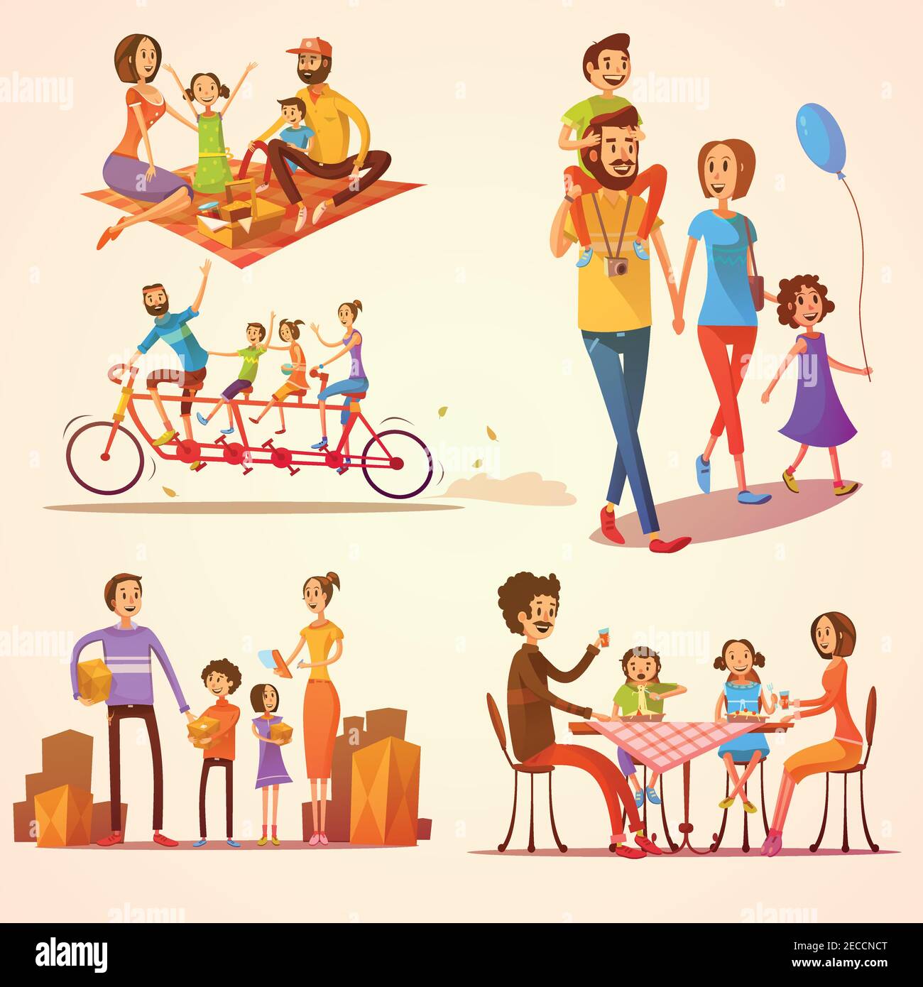 Family retro cartoon set with celebrations holidays and activities ...