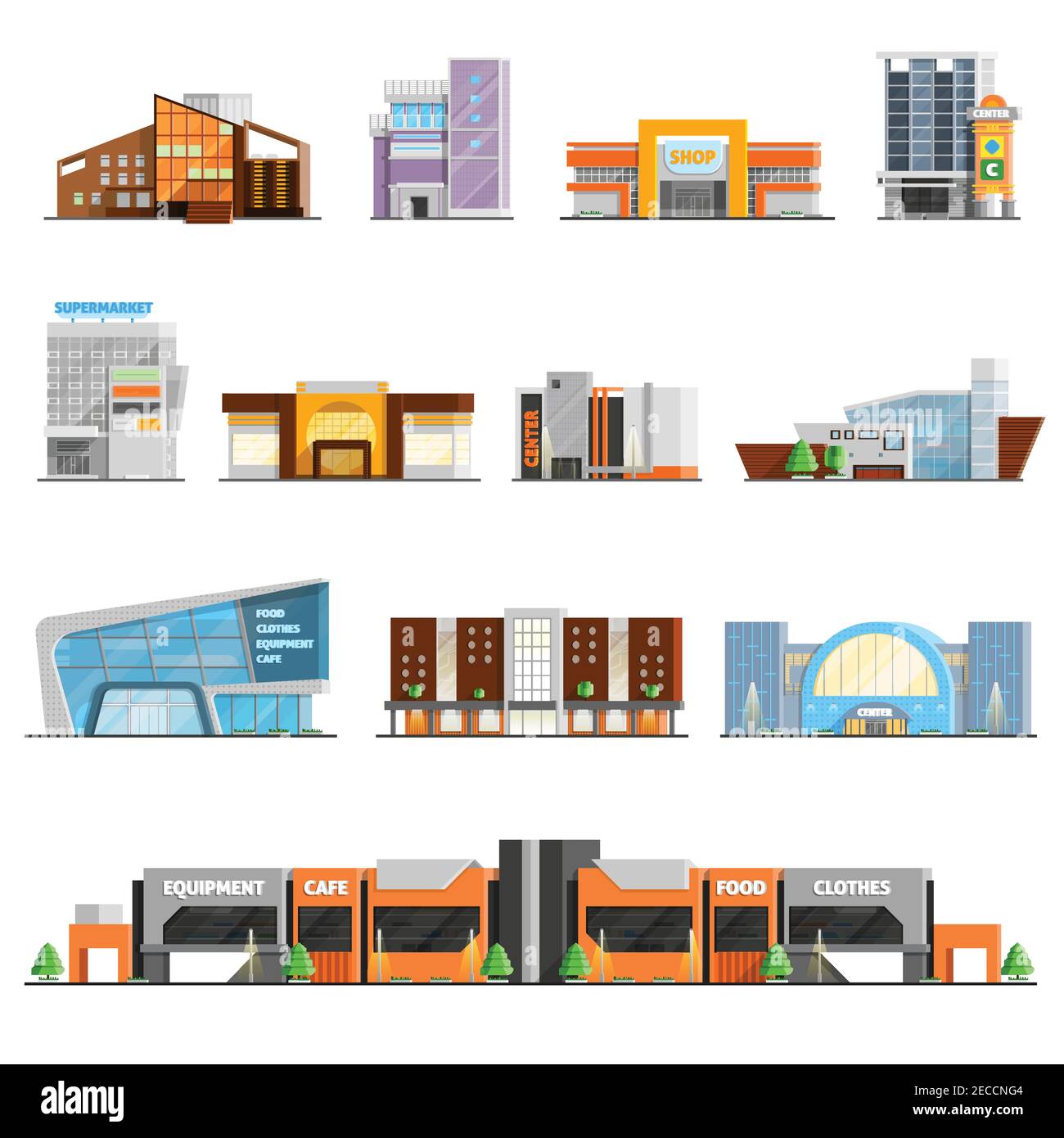 Shopping mall building orthogonal icons set with cafe and clothes ...
