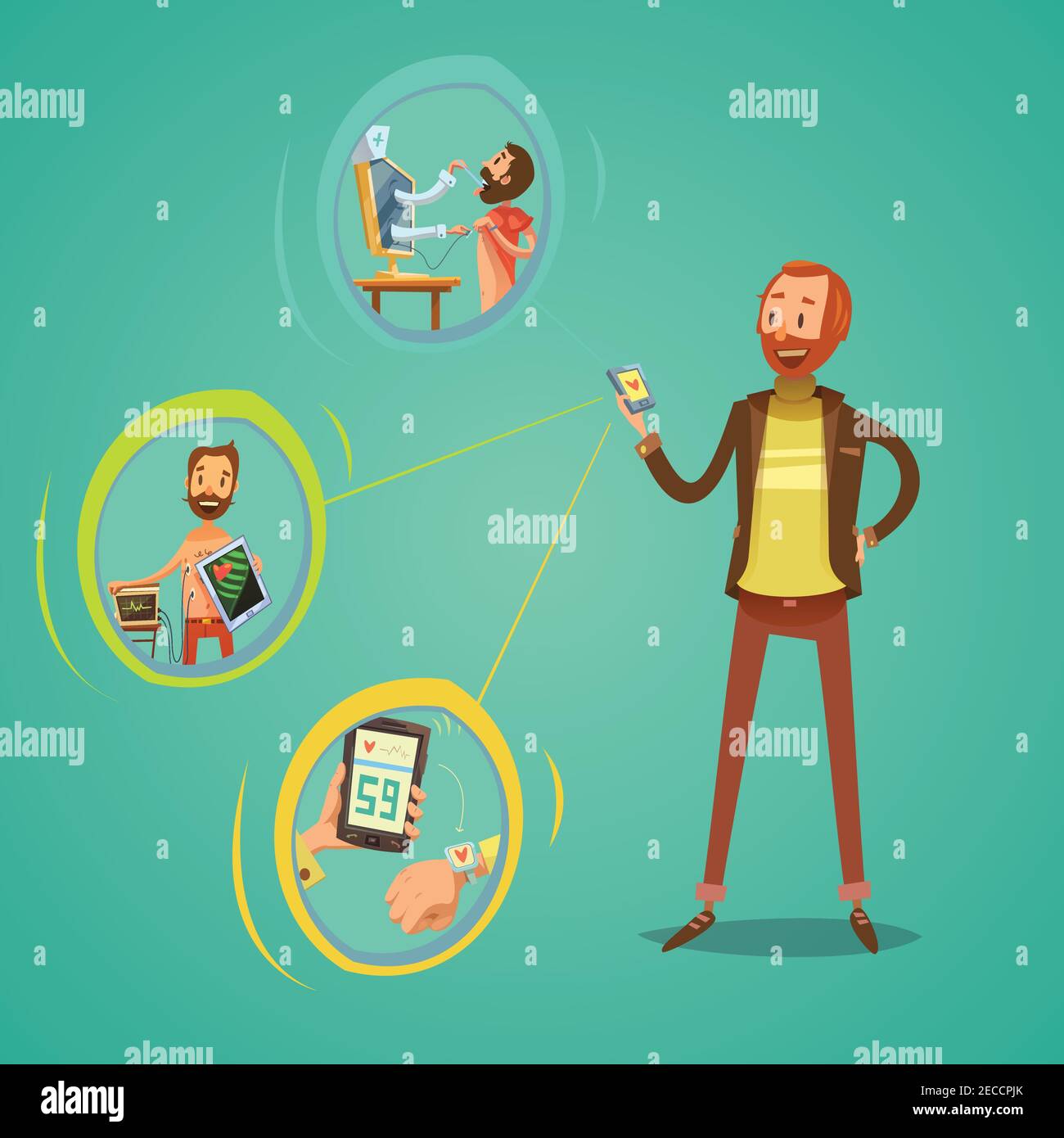 Mobile medicine concept with health examination symbols on green ...