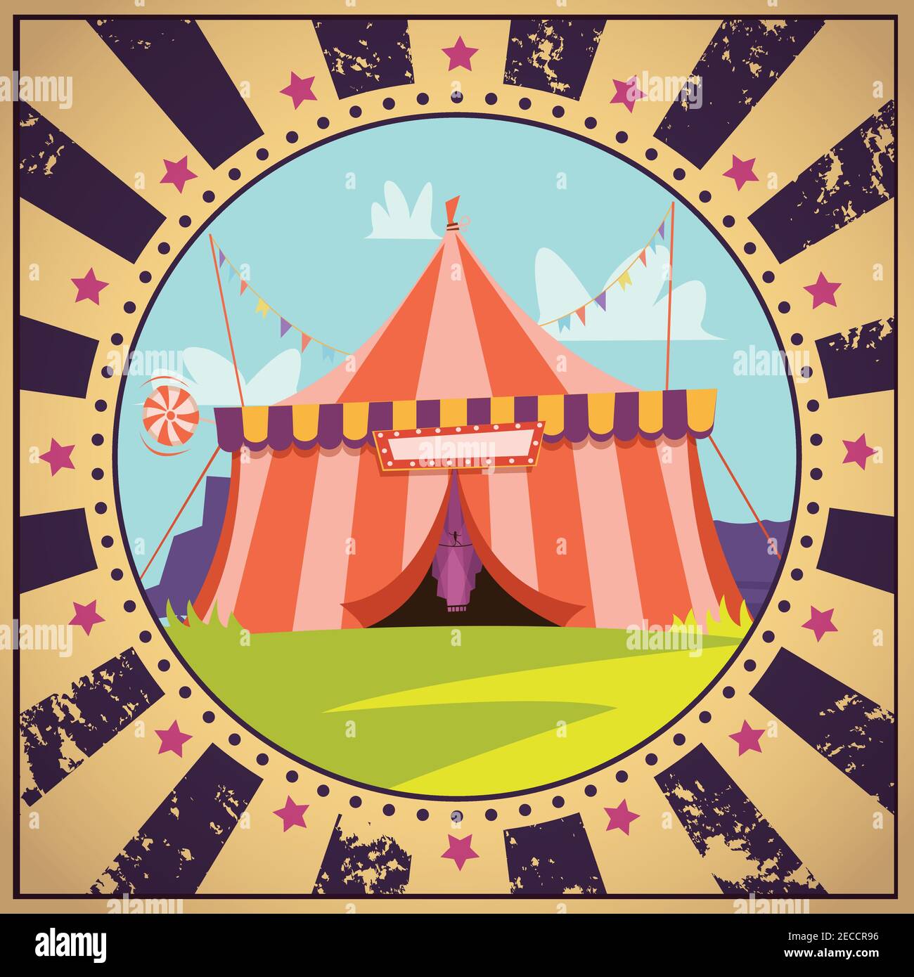 Circus cartoon poster with entrance signboard lawn and decorations ...