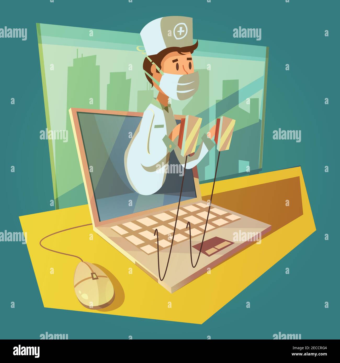 Online doctor and laptop concept with heart treatment symbols cartoon ...