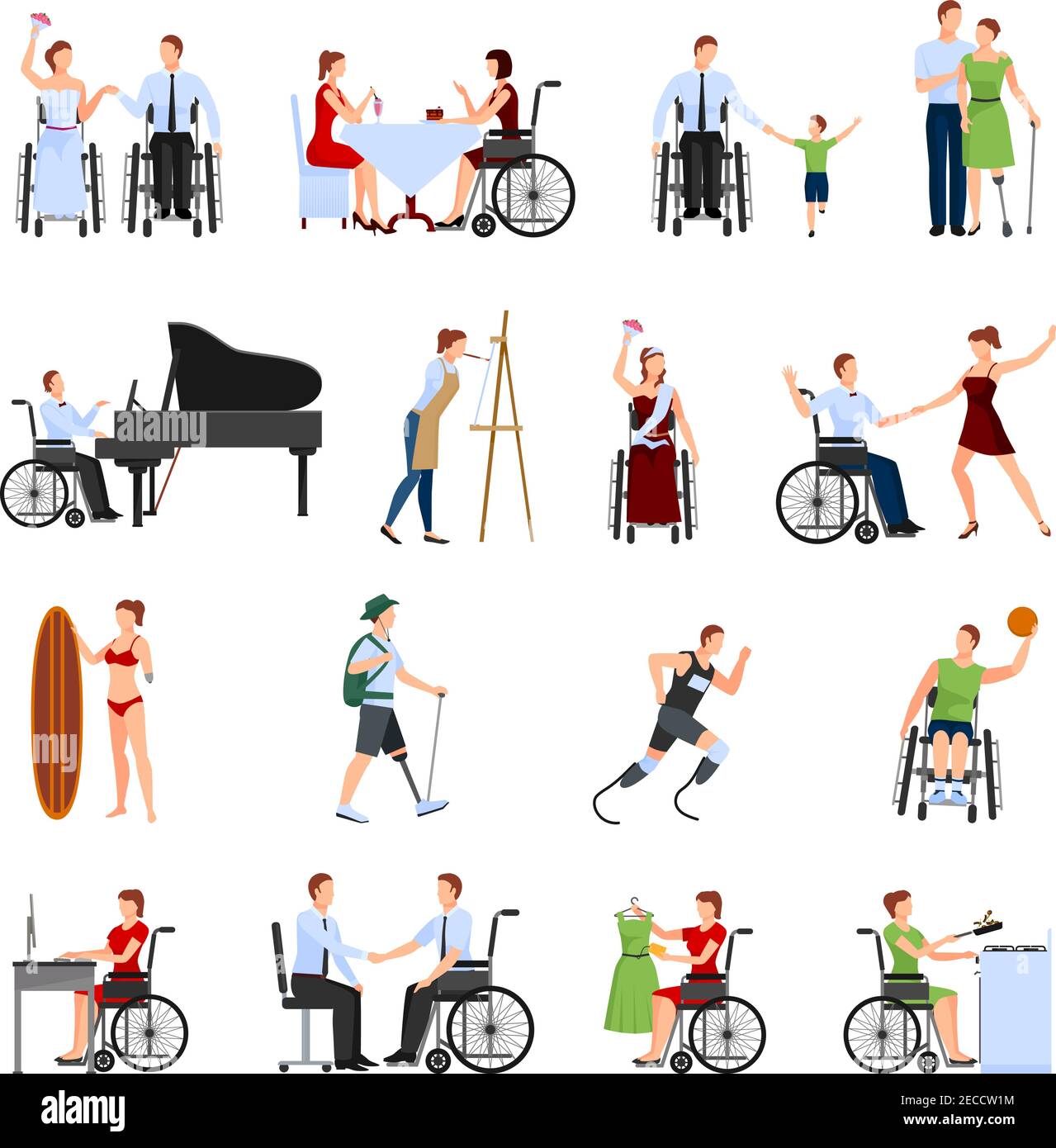 Disabled people leading full active creative life flat icons collection ...