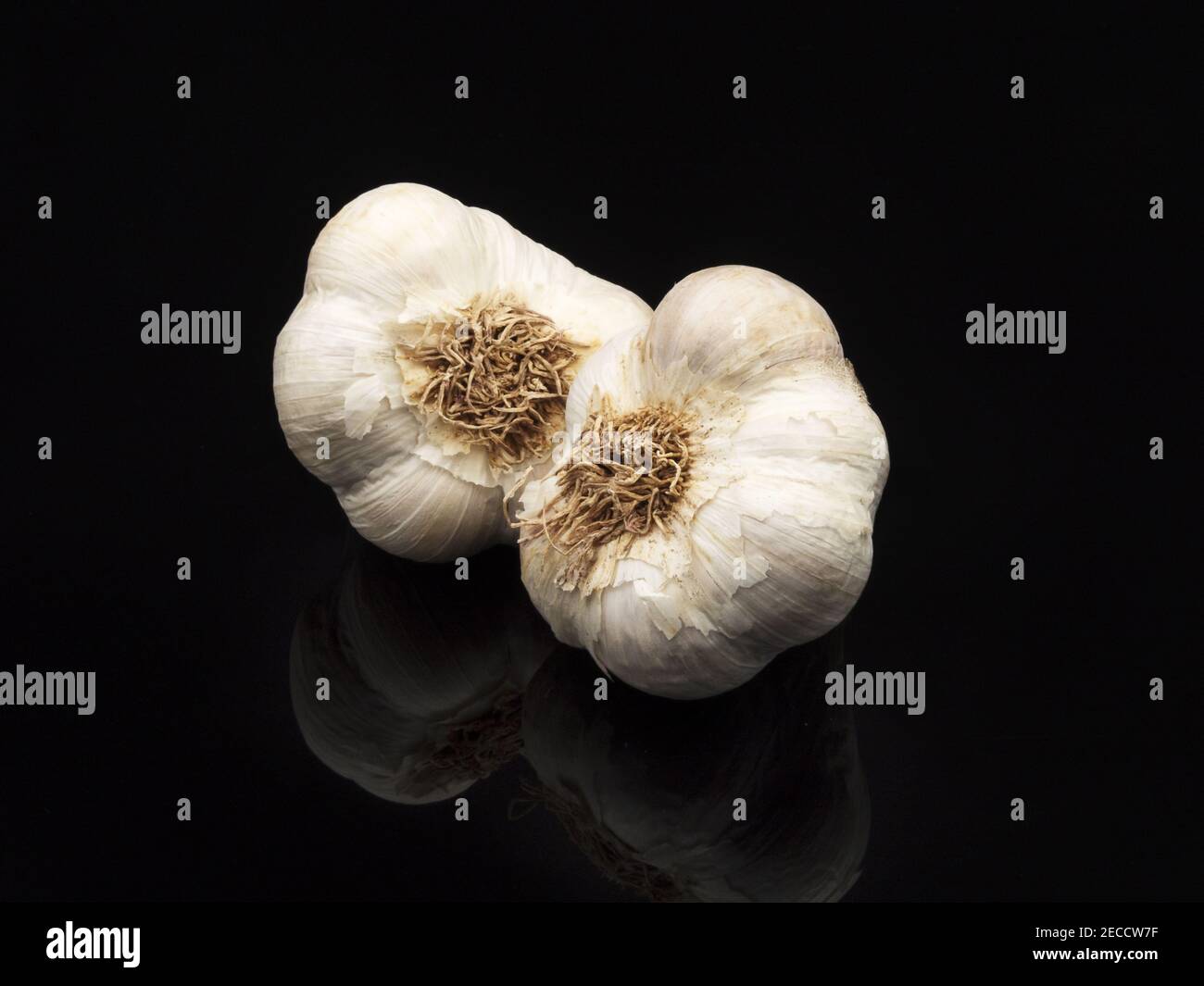 Two garlic placed next to each other on a black background Stock Photo ...