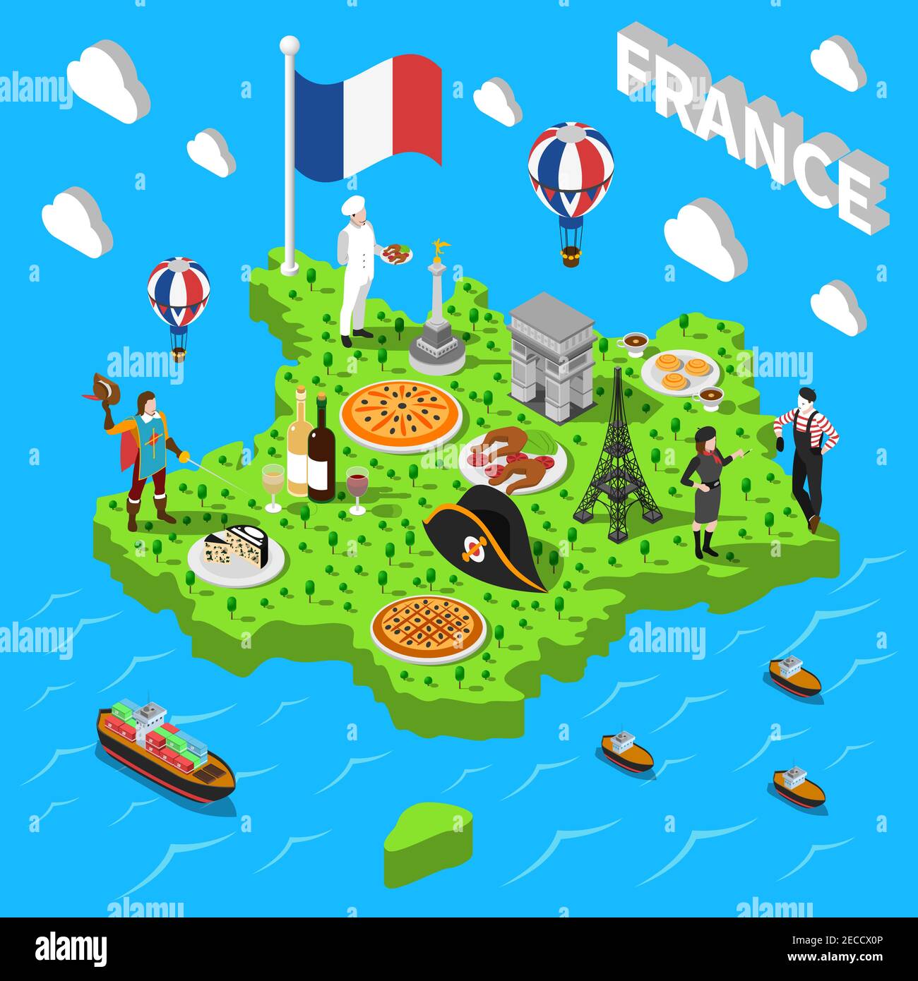 France isometric cultural sightseeing map for tourists with traditional ...