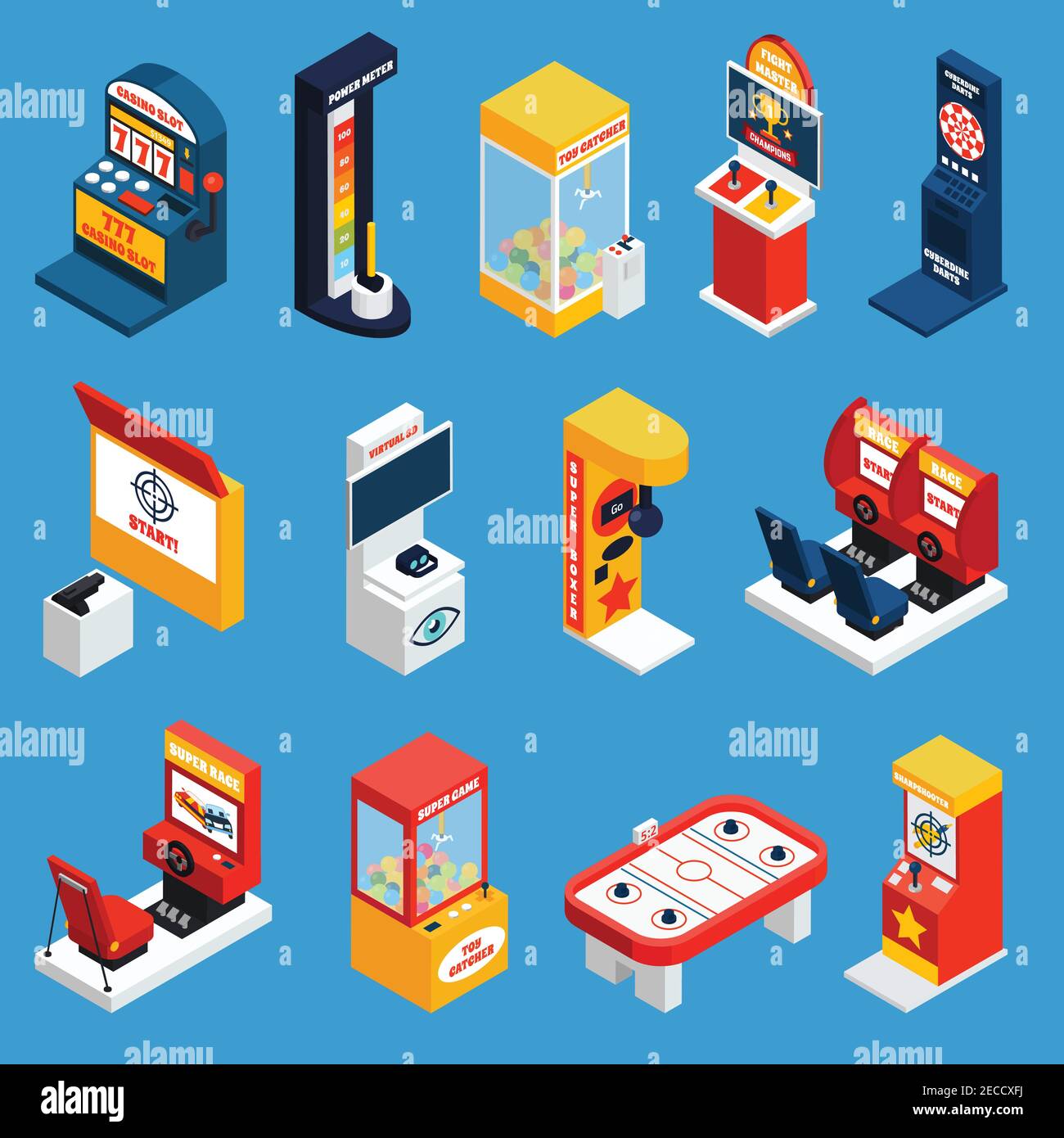 Game machine isometric icons set of slot crane boxing darts karaoke ...