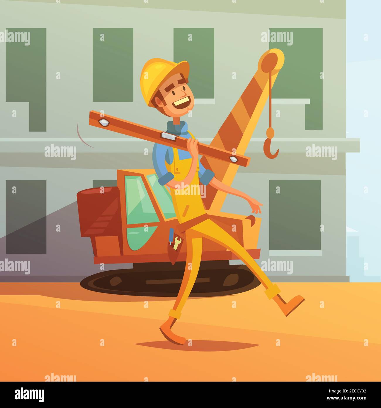 Builder and construction cartoon background with construction equipment ...