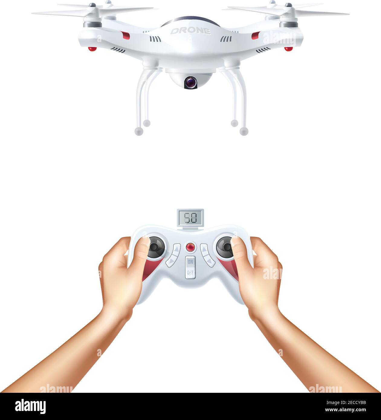 Unmanned drone with remote radio controller in human hands realistic ...