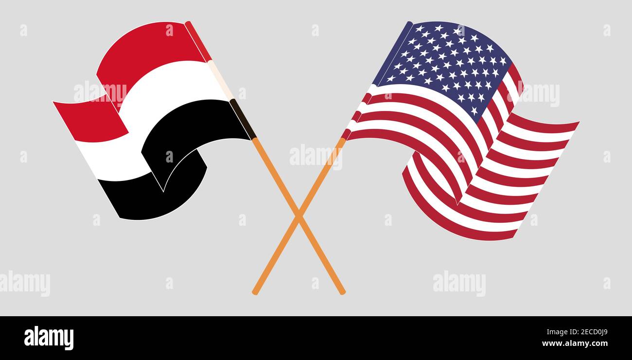 Crossed and waving flags of Yemen and the USA. Vector illustration ...