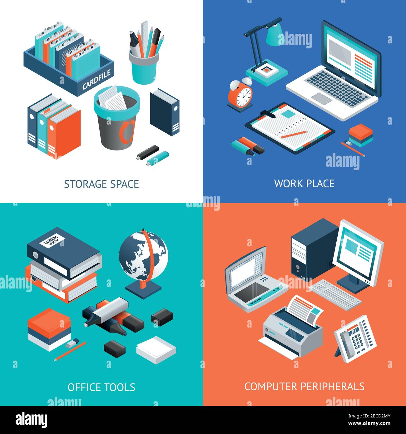 Office 2x2 isometric design concept set with storage space work place ...