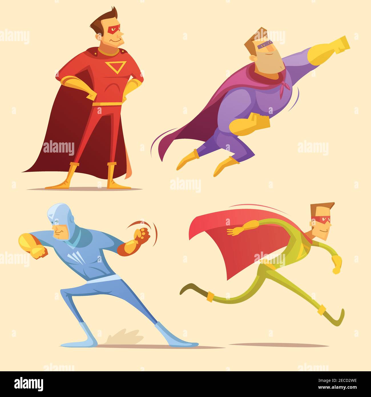 Superhero cartoon icons set with superman on yellow background isolated ...