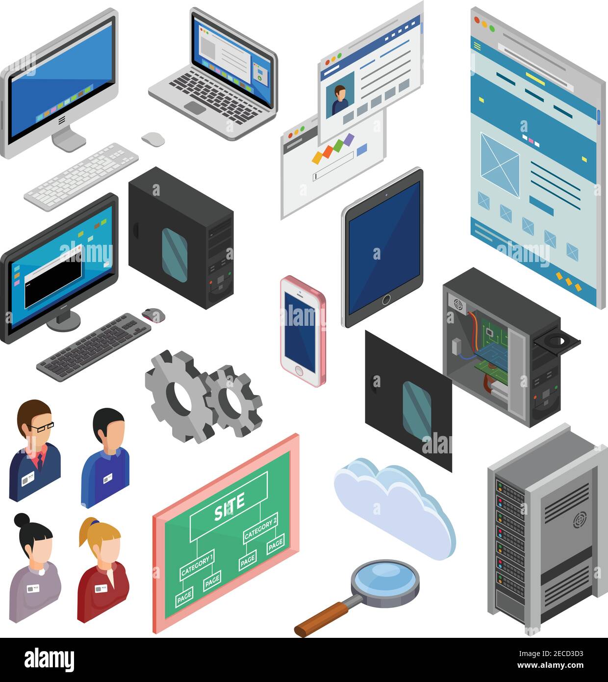 Development isometric decorative icons set with programmers staff site map laptop smartphone ...