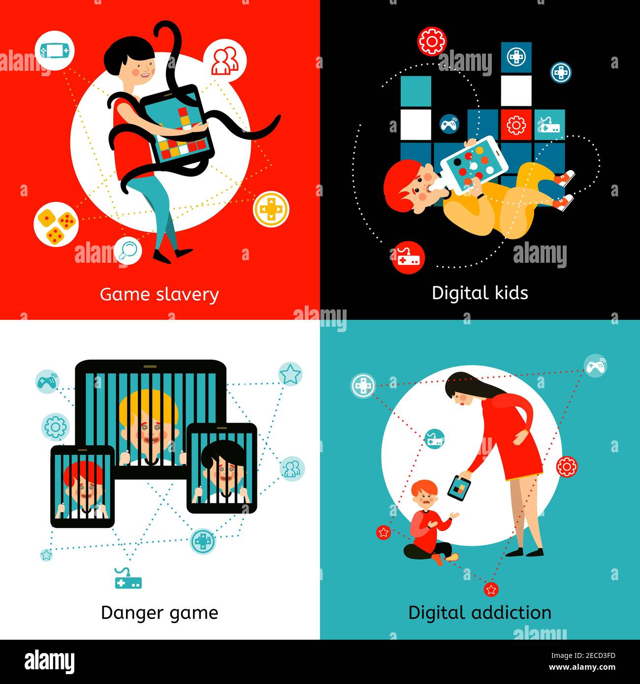Children and youth internet games addiction danger 4 flat icons square ...