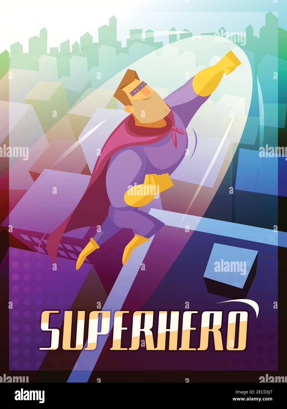 Superhero cartoon poster with big city and flying superman vector ...