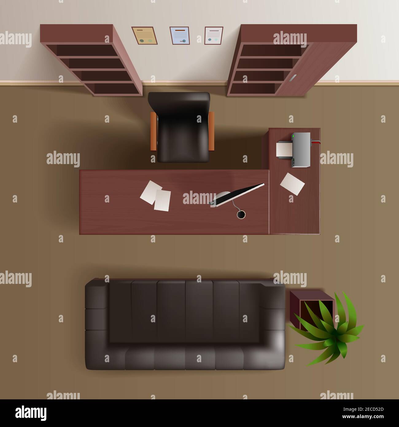 Office work room with wooden bookshelves desk computer plant and ...