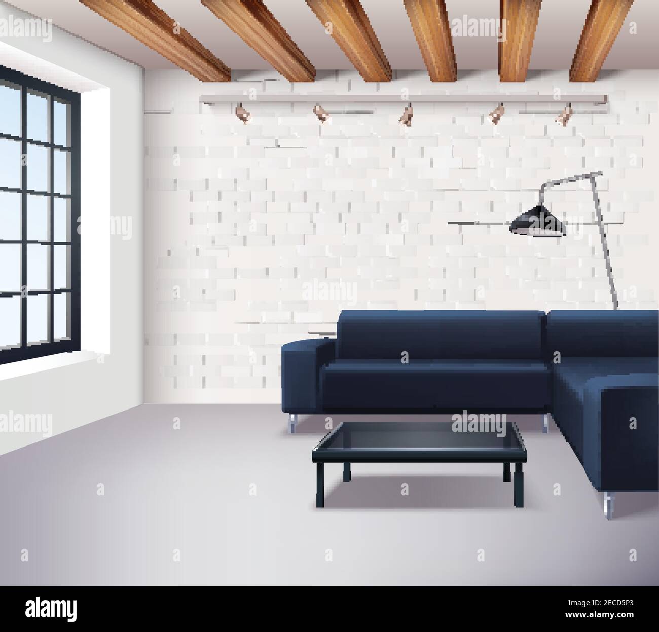 Realistic loft interior concept in minimalistic style with sofa coffee ...