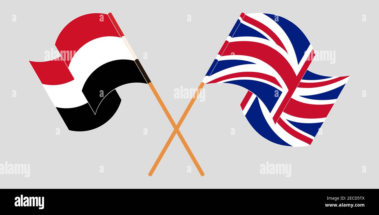 Crossed and waving flags of Yemen and the UK. Vector illustration Stock ...