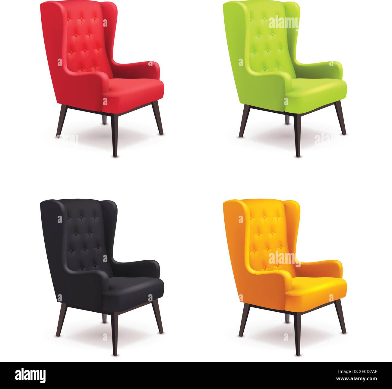Chair realistic icon set four identical chairs with different colors ...