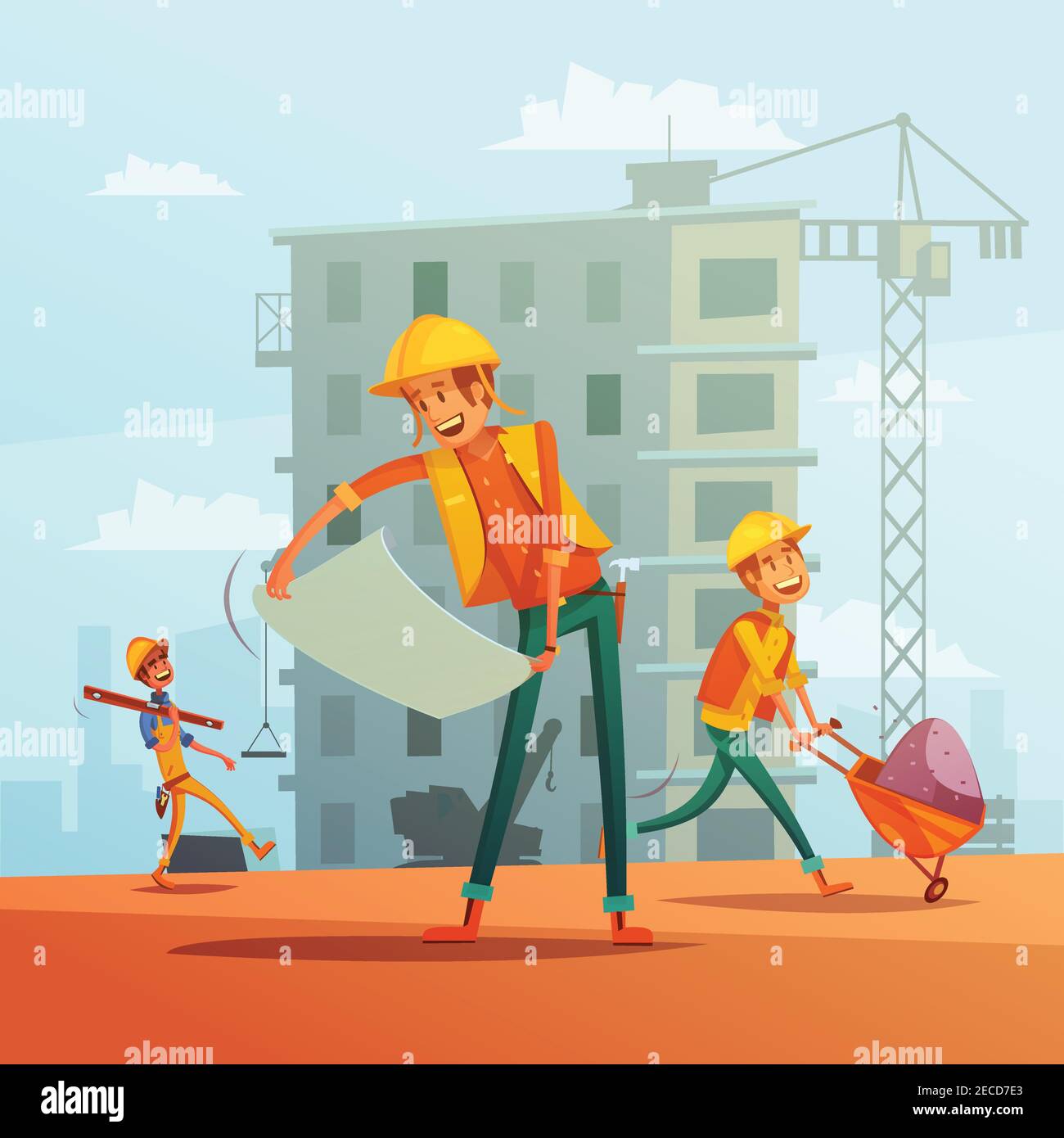 Building and construction industry cartoon background with workers ...
