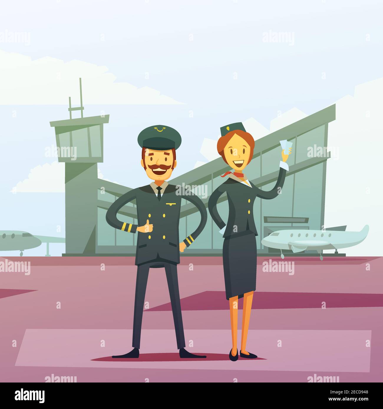 Pilot and stewardess cartoon background with airport building and ...