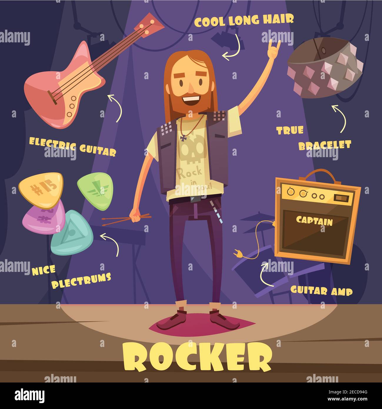 Rocker character pack with trendy elements for long haired man on stage ...
