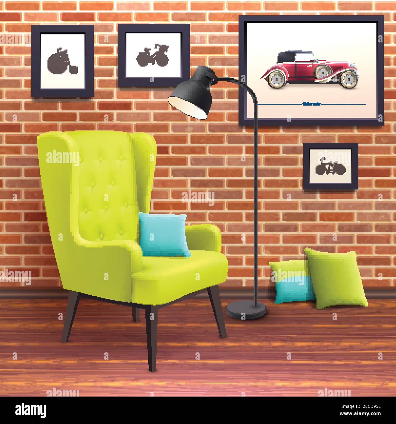 Realistic soft chair poster red standing in the corner of the room with ...