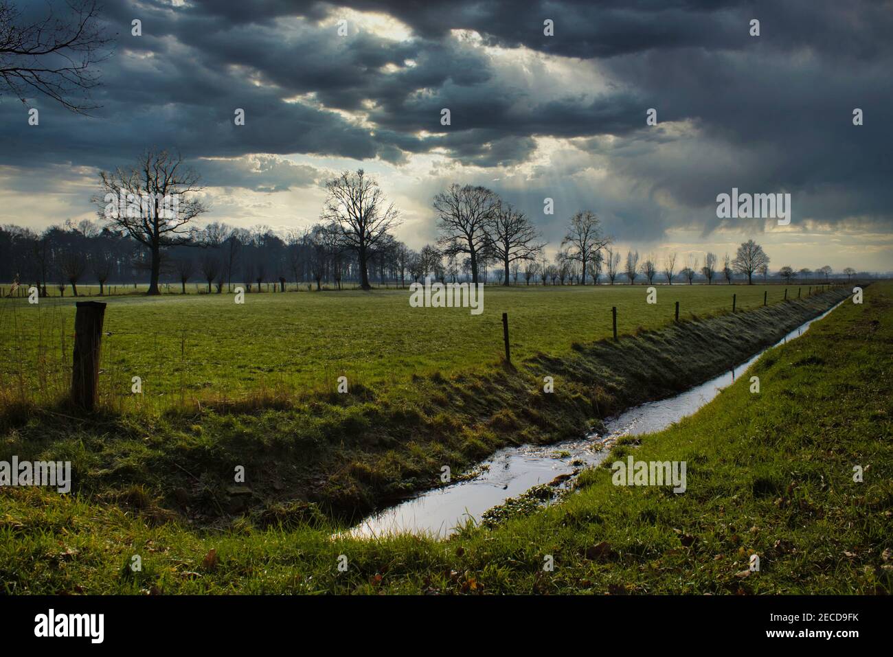 Dutch landscape with farmlands and heavy clouds during storm Stock ...