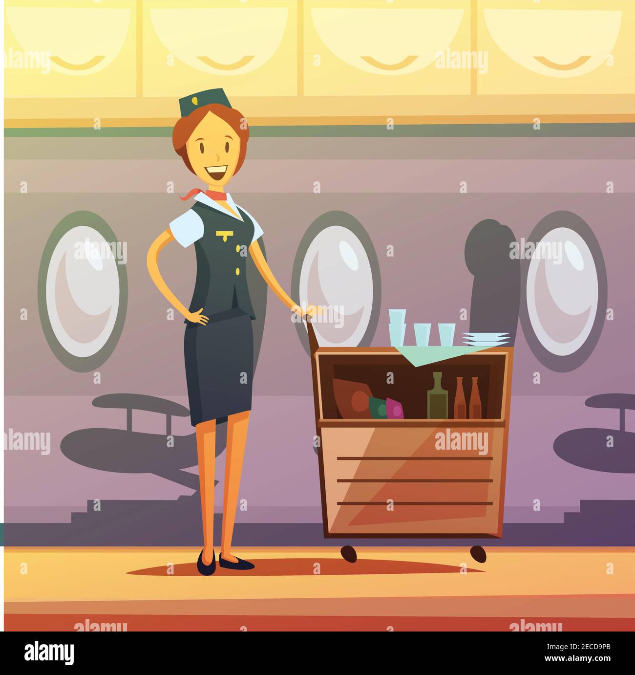 Stewardess and tray with food and drinks in the plane cartoon ...