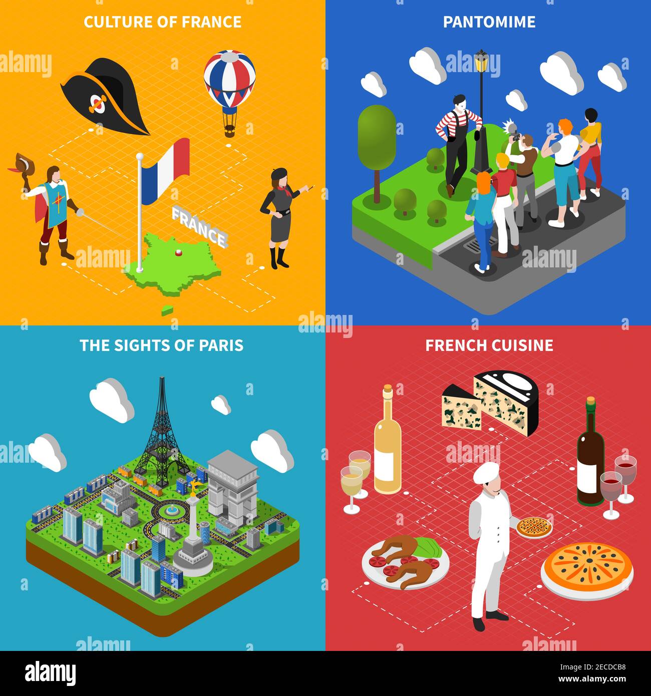 French culture cuisine and top sightseeings symbols for tourists ...