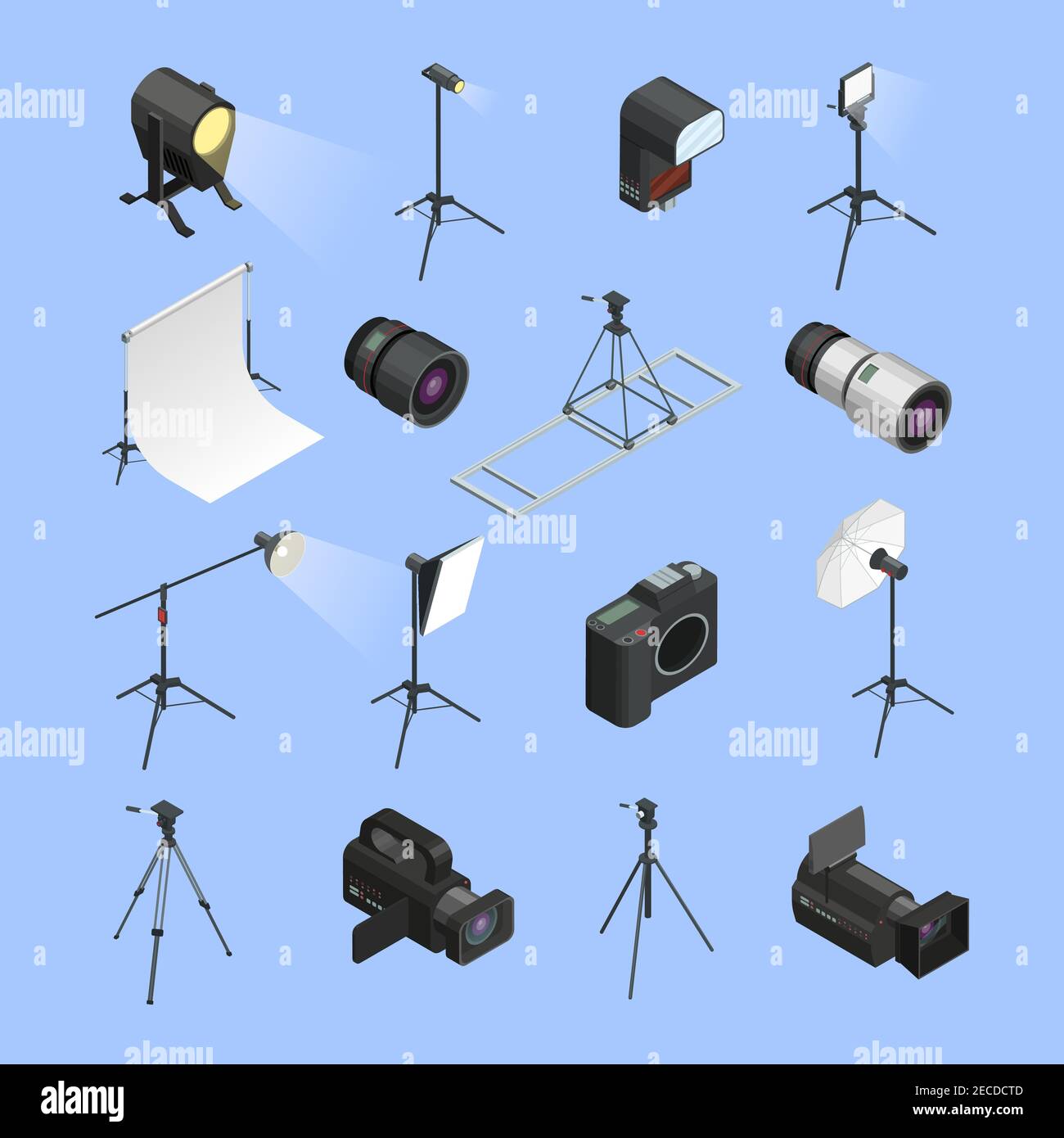 Professional photo studio equipment isometric icons set with camera ...