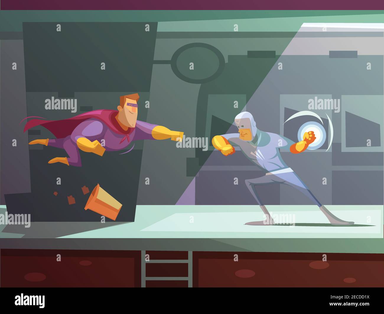Two superheroes fighting on station retro cartoon flat vector ...
