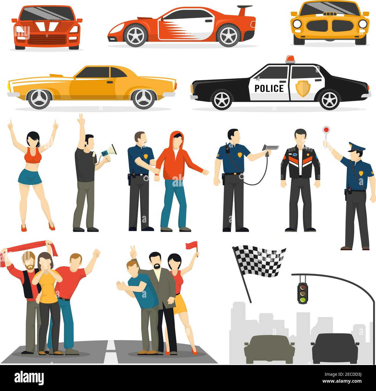 Street racing competition flat elements collection with participants ...