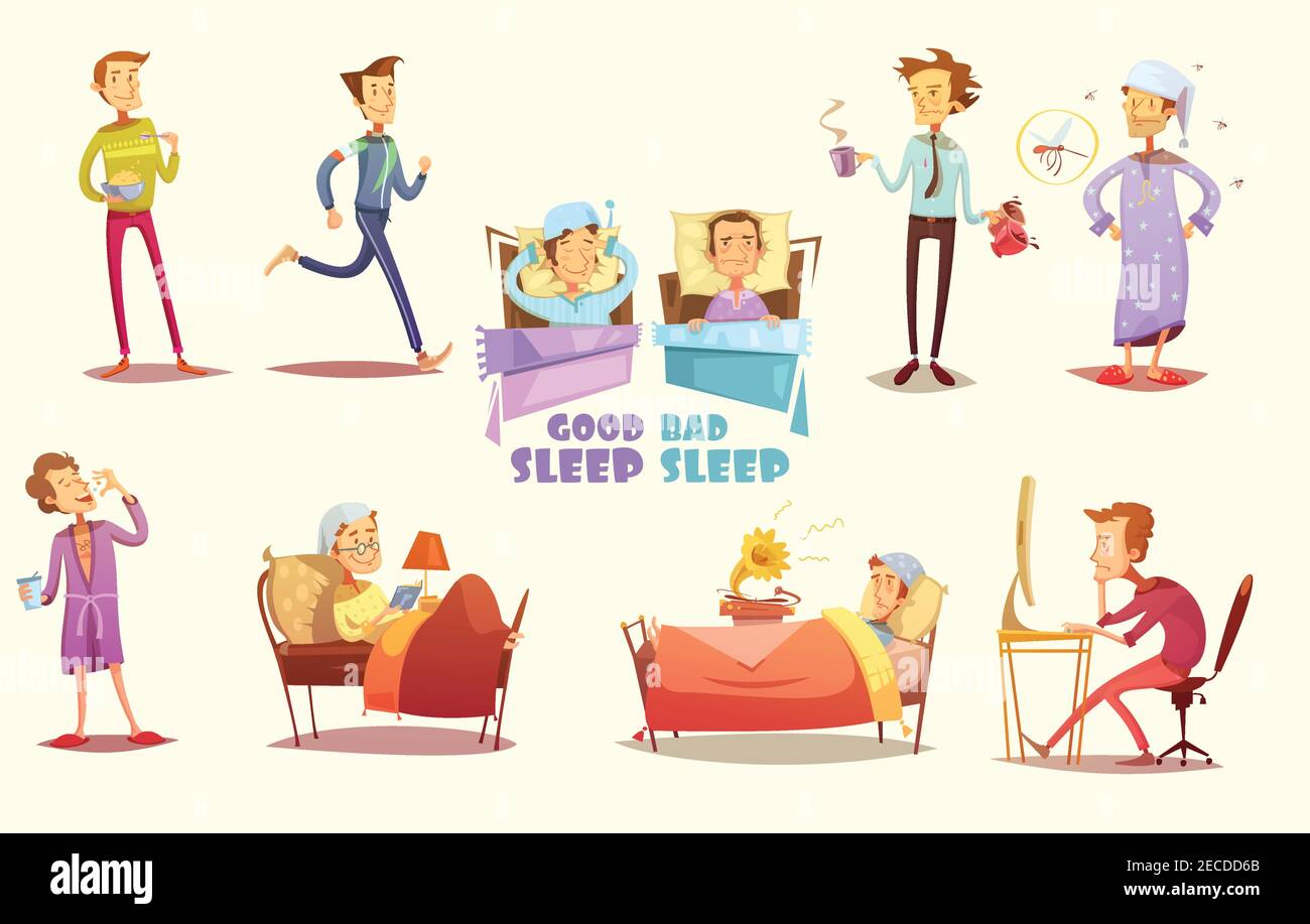 Different causes of good and bad sleep flat icons on light background ...