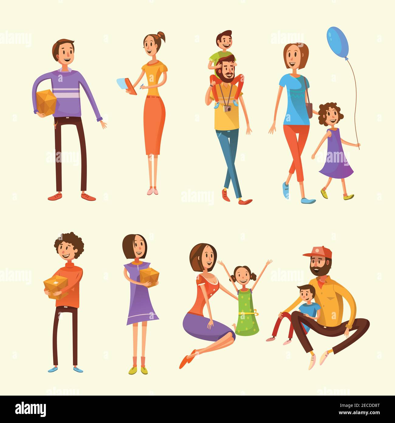 Family and children cartoon set with weekend activities and moving ...