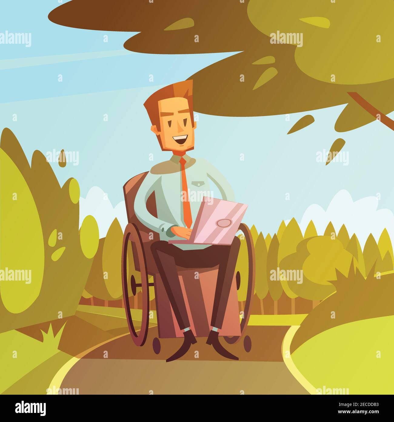 Color cartoon illustration depicting disabled man in wheelchair with ...