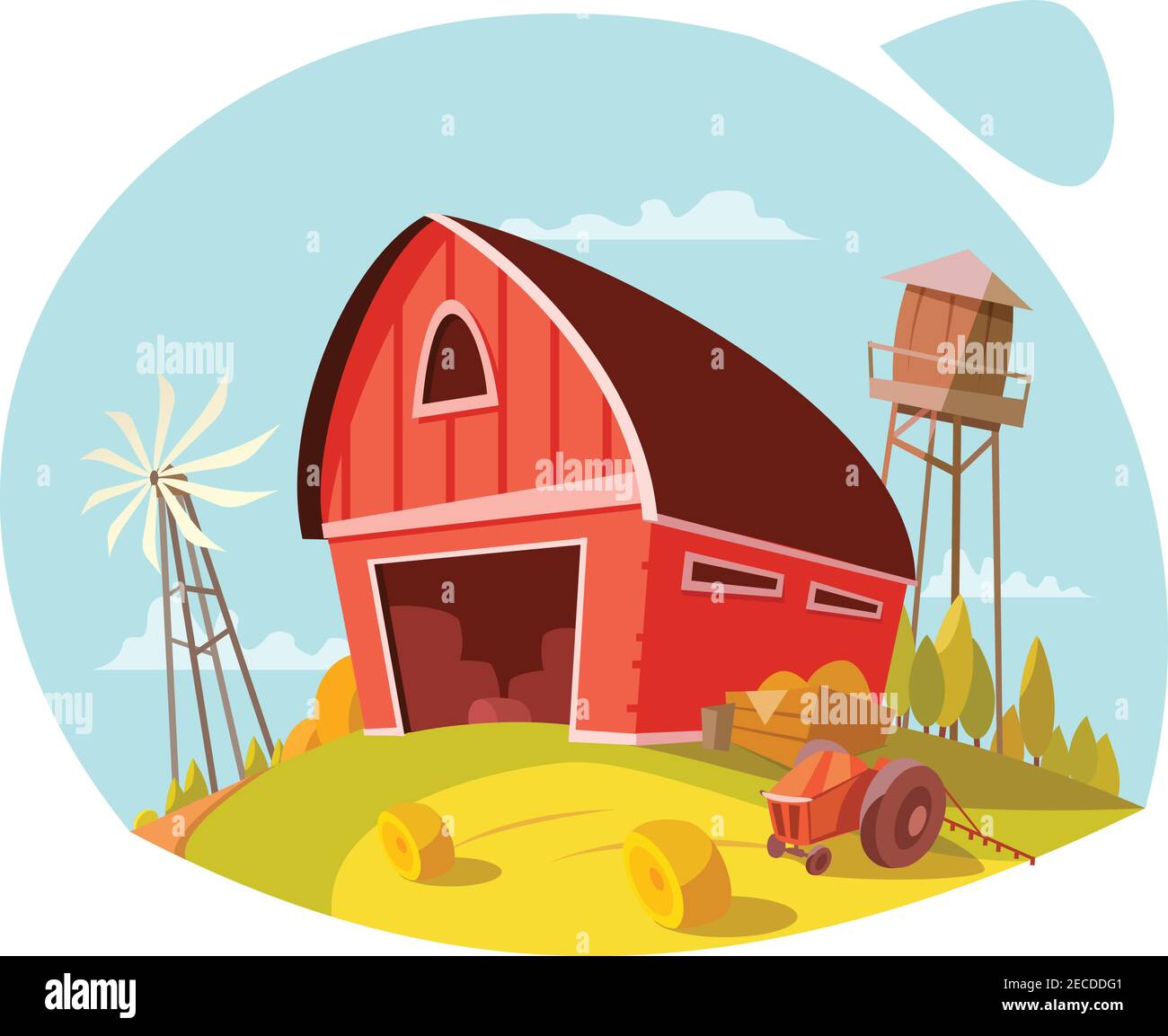 Farm and fresh organic products concept with haystack and tractor ...