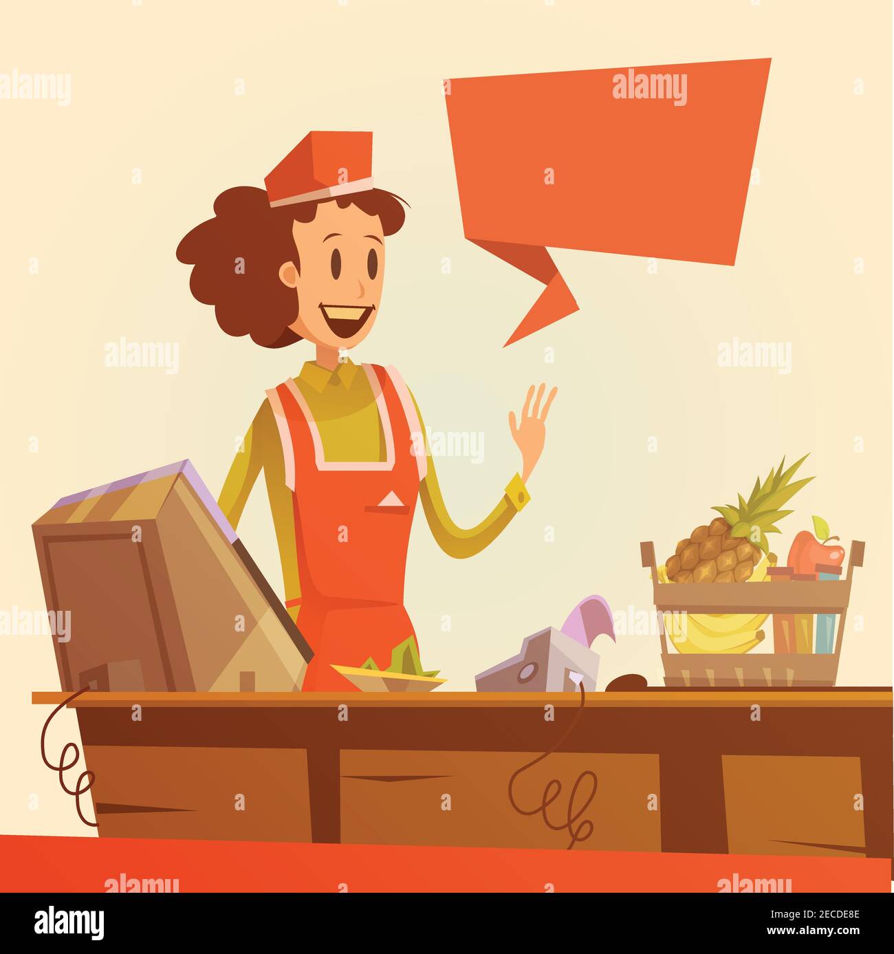 Saleswoman at pay desk retro background with basket and food cartoon ...