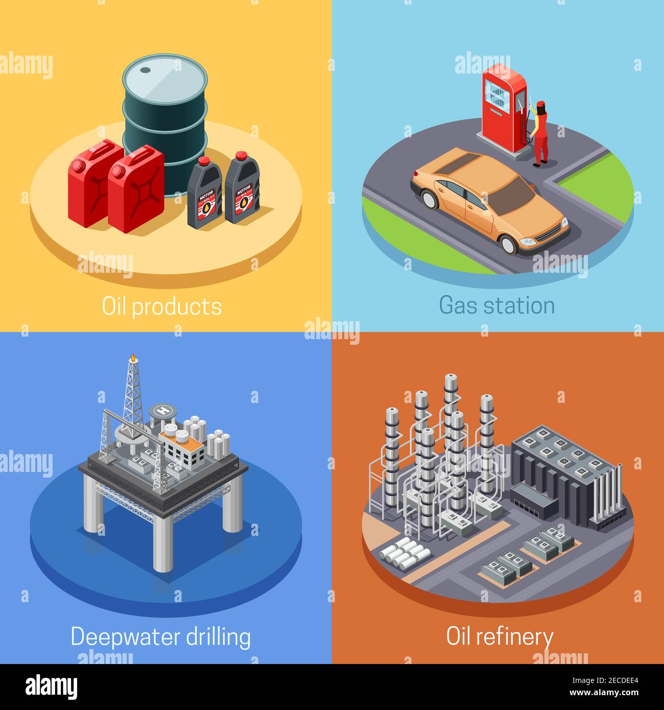 Oil industry isometric 4 icons square poster with refinery plant and ...