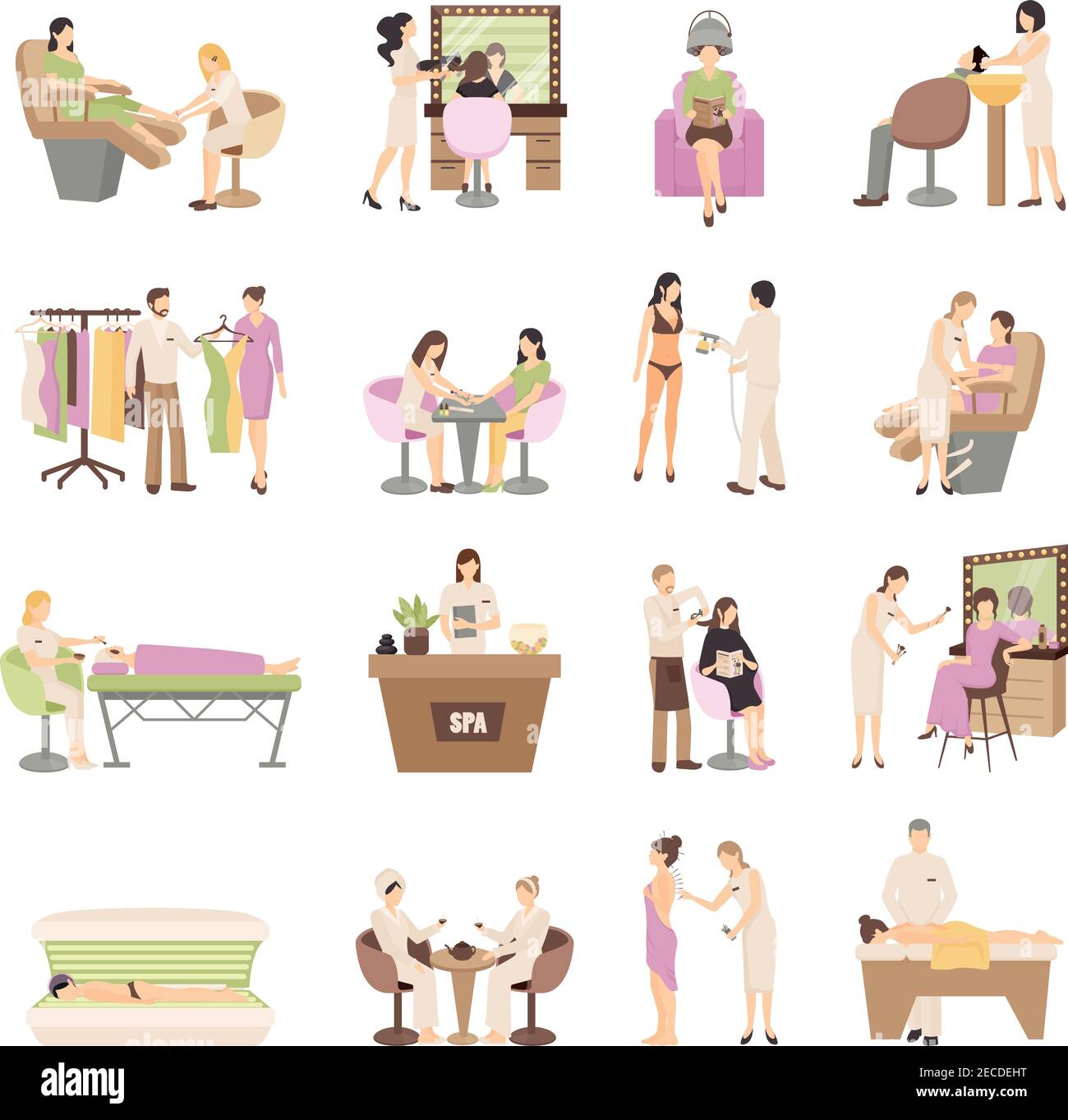 People in spa salon and various beauty procedures on white background ...