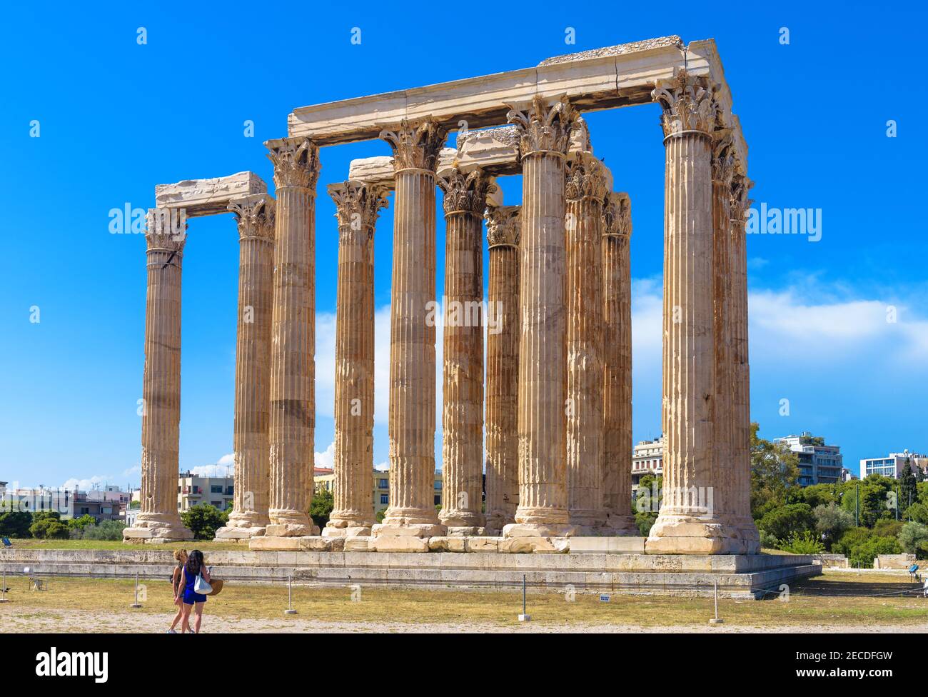 Athens, Greece - May 9, 2018: Tourists look at Olympian Zeus temple, famous landmark of Athens ...