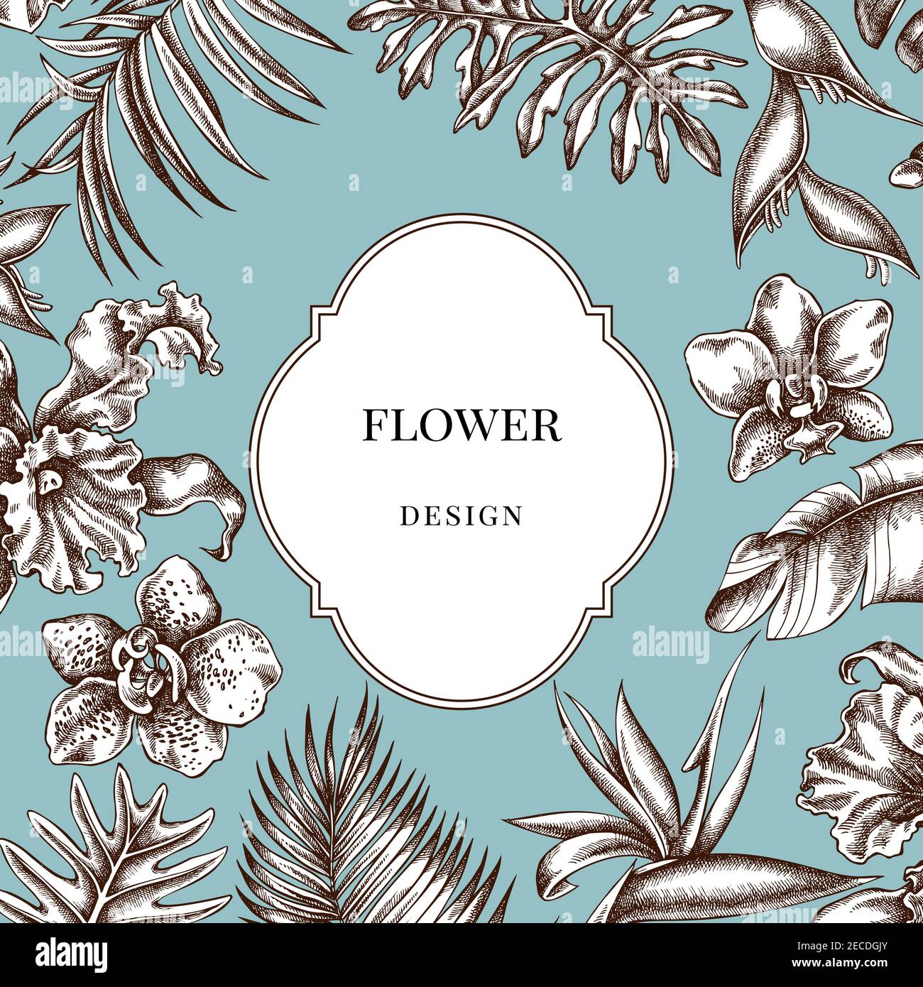 Badge over design with monstera, banana palm leaves, strelitzia, heliconia, tropical palm leaves ...