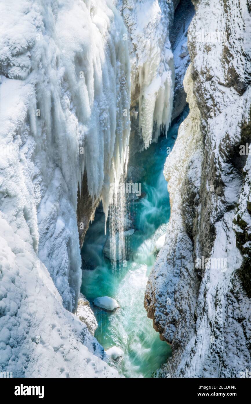 Partnachklamm Gorge in winter - frozen waterfalls over blue water Stock ...